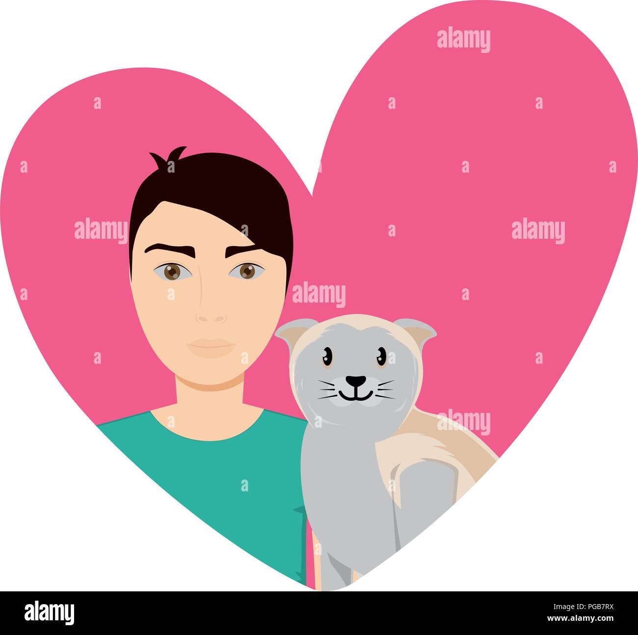 Cute Cat And Man In A Heart Over White Background Vector Illustration
