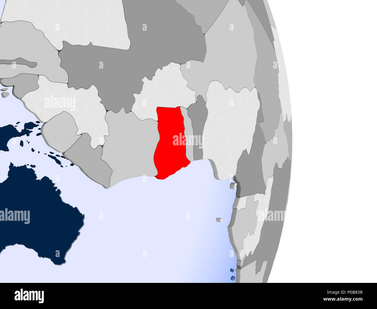 Ghana in red on model of political globe with transparent oceans. 3D ...
