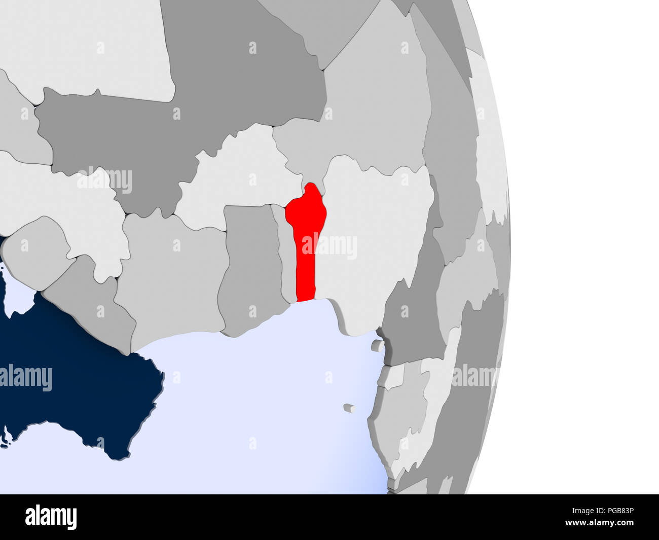 Benin in red on model of political globe with transparent oceans. 3D ...