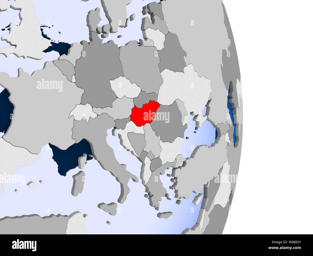 Hungary in red on model of political globe with transparent oceans. 3D ...