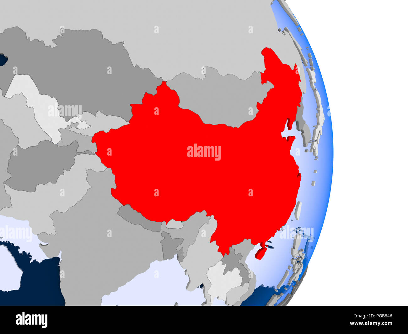 China in red on model of political globe with transparent oceans. 3D ...