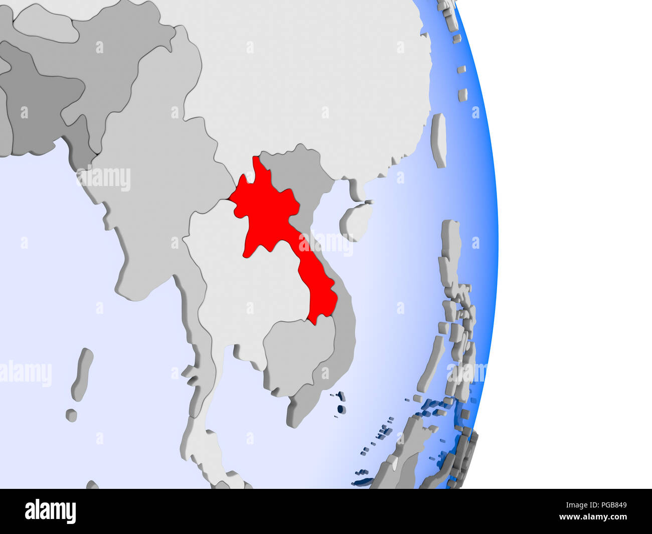 Laos in red on model of political globe with transparent oceans. 3D ...