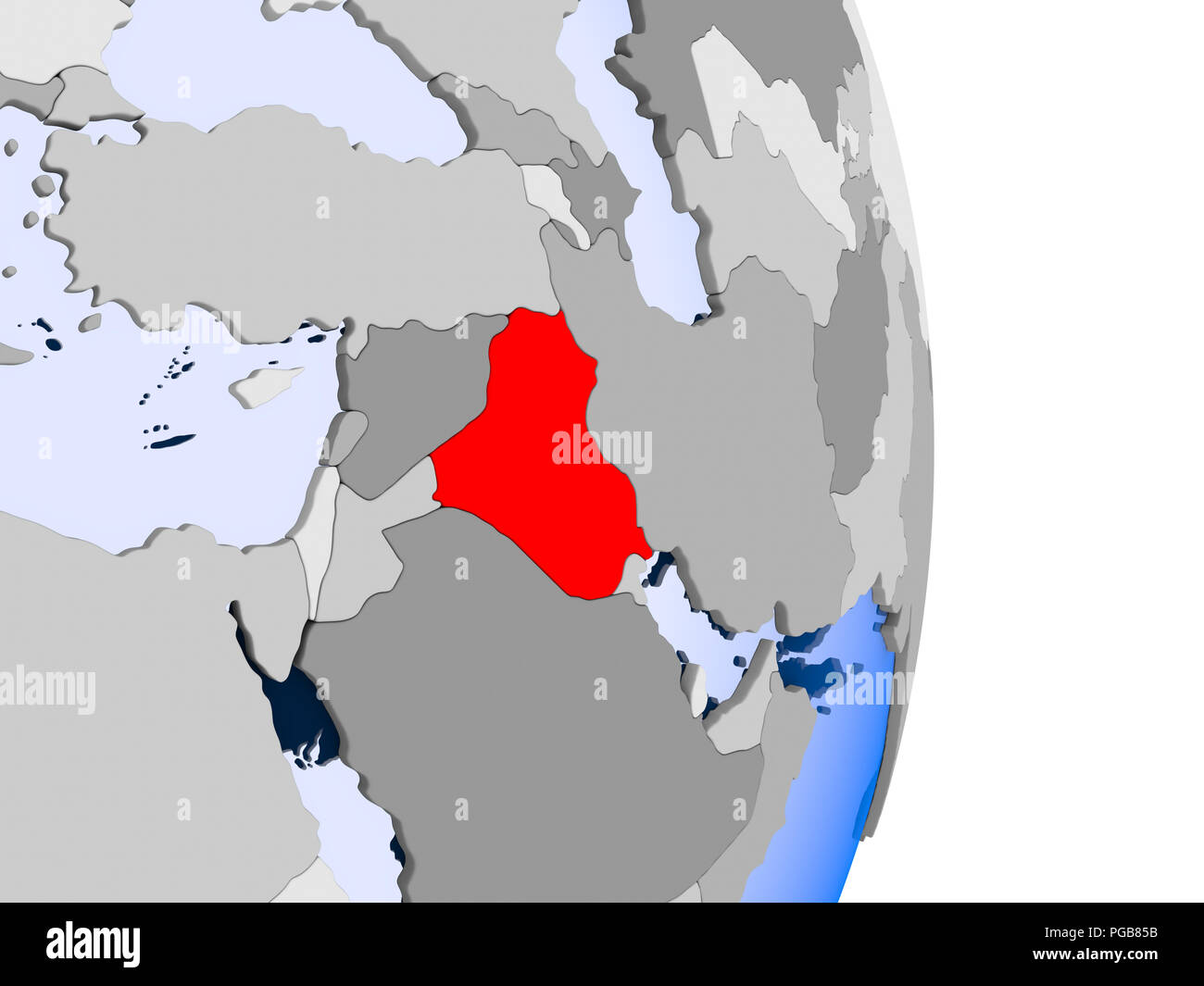 Iraq in red on model of political globe with transparent oceans. 3D ...