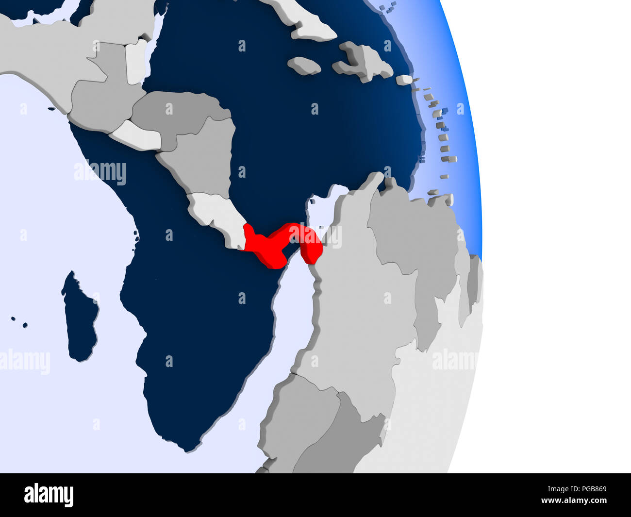 Panama in red on model of political globe with transparent oceans. 3D ...