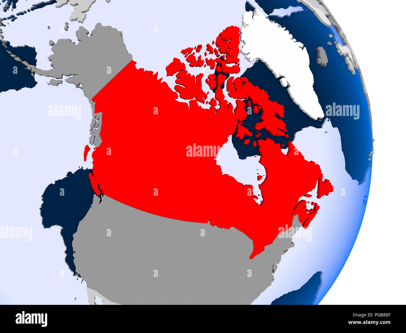 Canada in red on model of political globe with transparent oceans. 3D ...