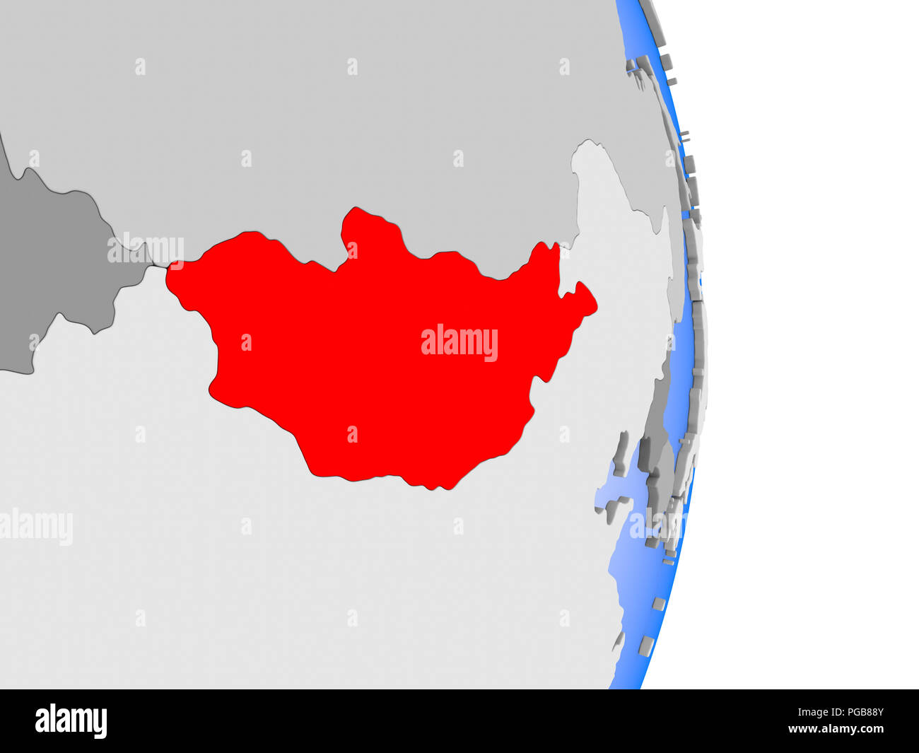 Mongolia in red on model of political globe with transparent oceans. 3D ...
