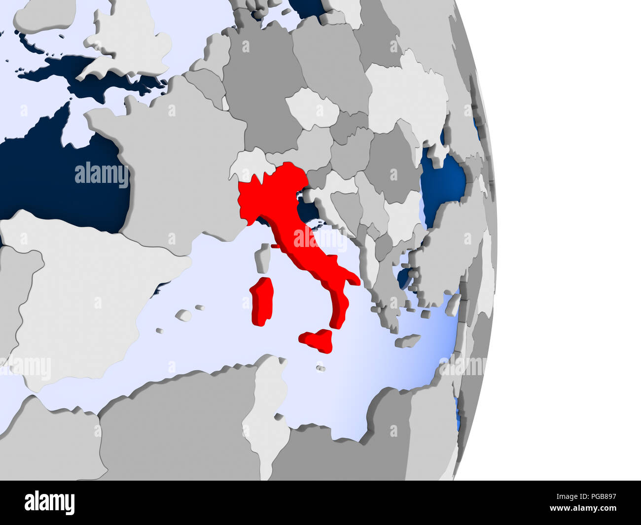 Italy in red on model of political globe with transparent oceans. 3D ...