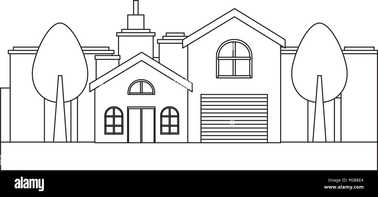 city landscape with modern house and trees over white background ...