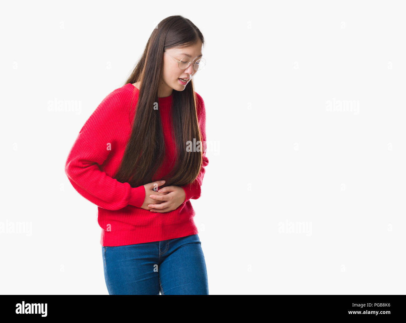 Young Chinese woman over isolated background wearing glasses with hand ...