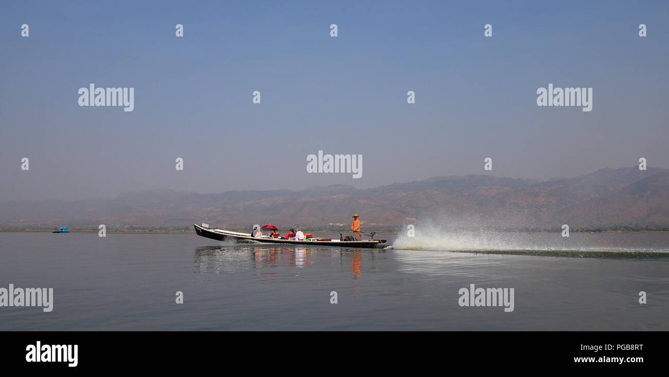 Inle, Myanmar - Feb 15, 2016. Speed boat running on Inle (Inlay) lake ...