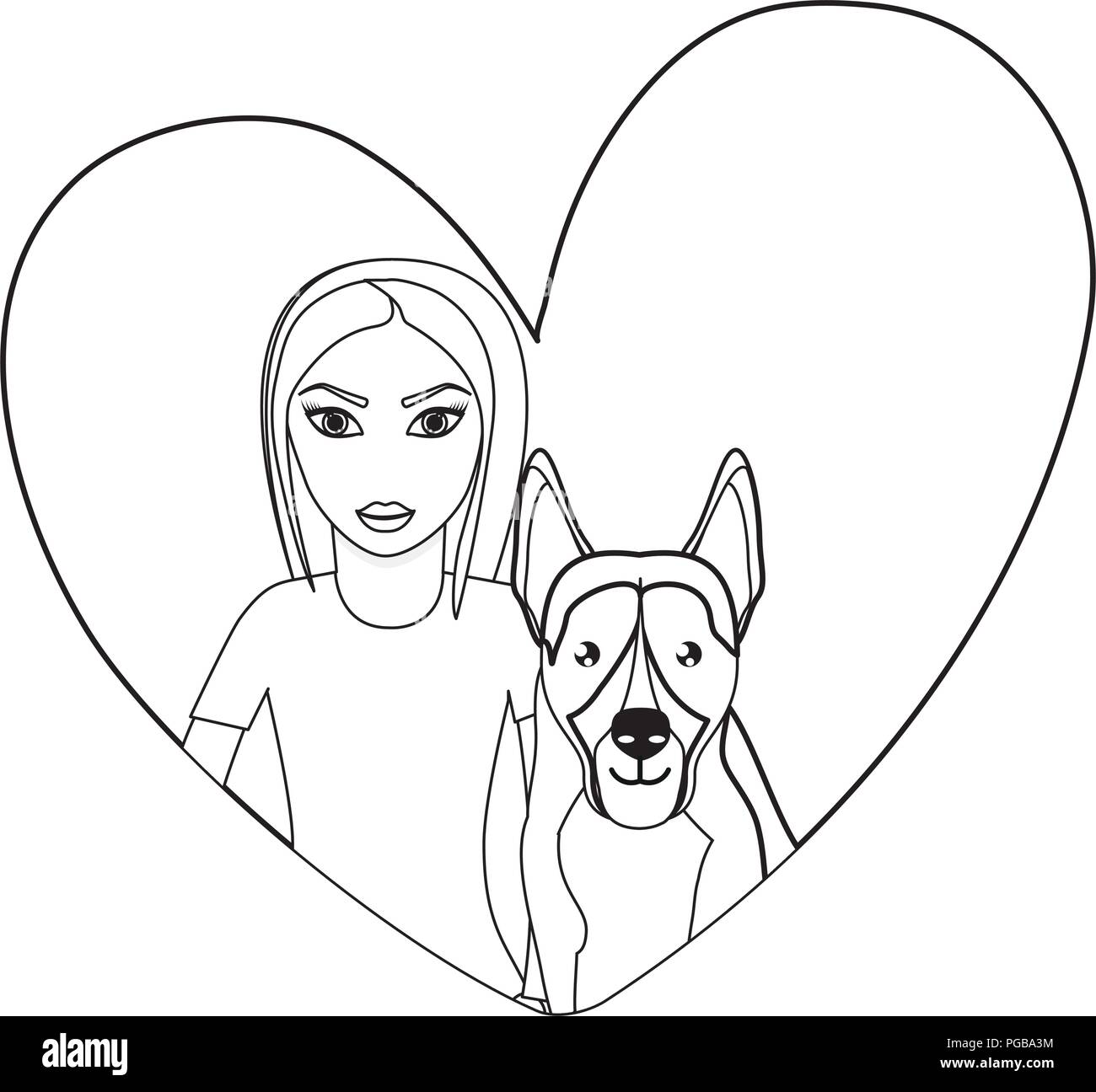 heart with cute german shepherd dog and woman over white background ...