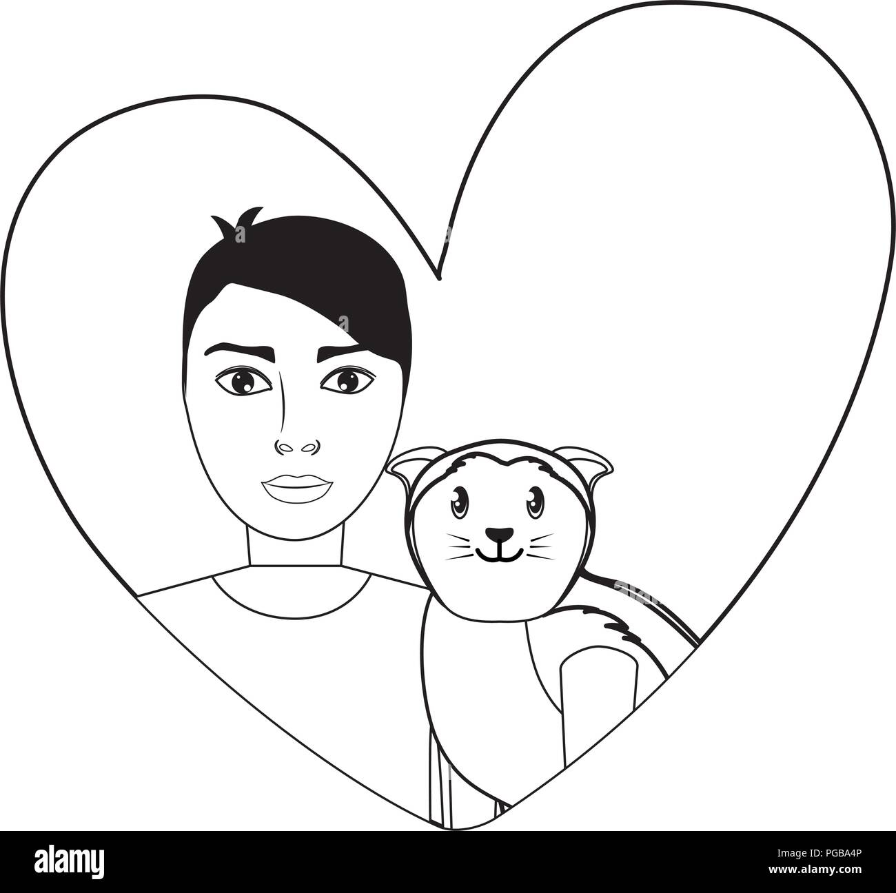Cute Cat And Man In A Heart Over White Background Vector Illustration