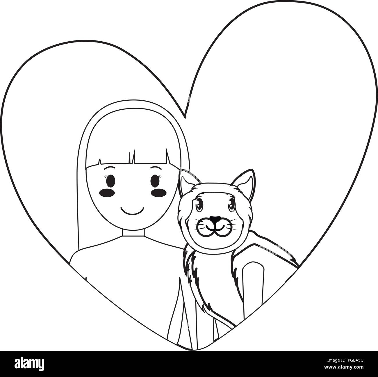 Heart With Cute Cat And Girl Over White Background Vector Illustration