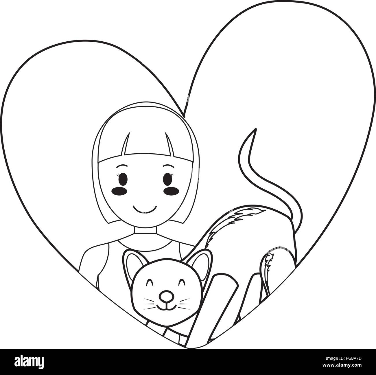 Heart With Cute Cat And Girl Over White Background Vector Illustration