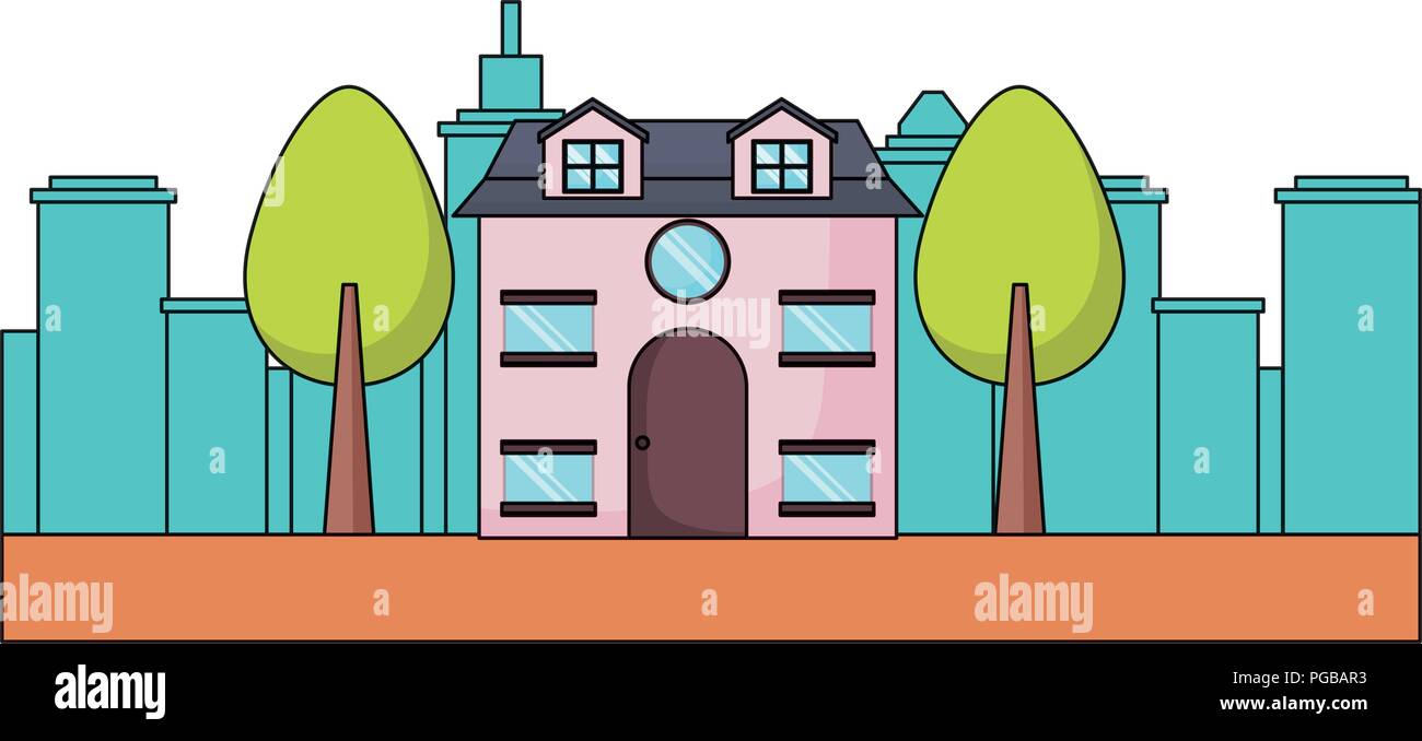 house and trees over city landscape and white background, vector ...