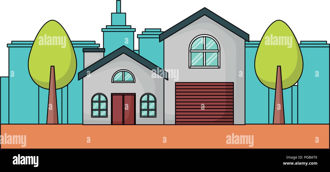 city landscape with modern house and trees over white background ...