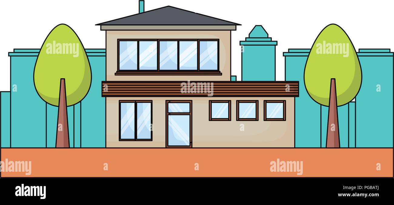 house and trees over city landscape and white background, vector ...