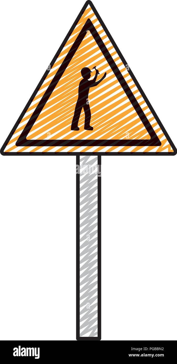 doodle triangle caution emblem and laborer with hammer Stock Vector ...