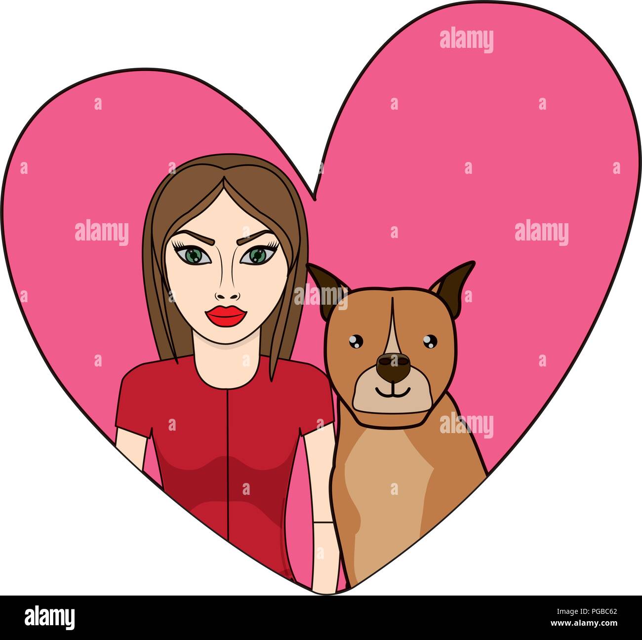 heart with cute woman and boxer dog over white background, vector ...