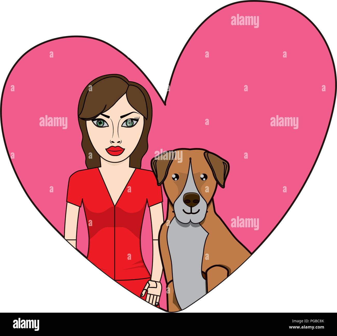 heart with cute boxer dog and woman over white background, vector ...