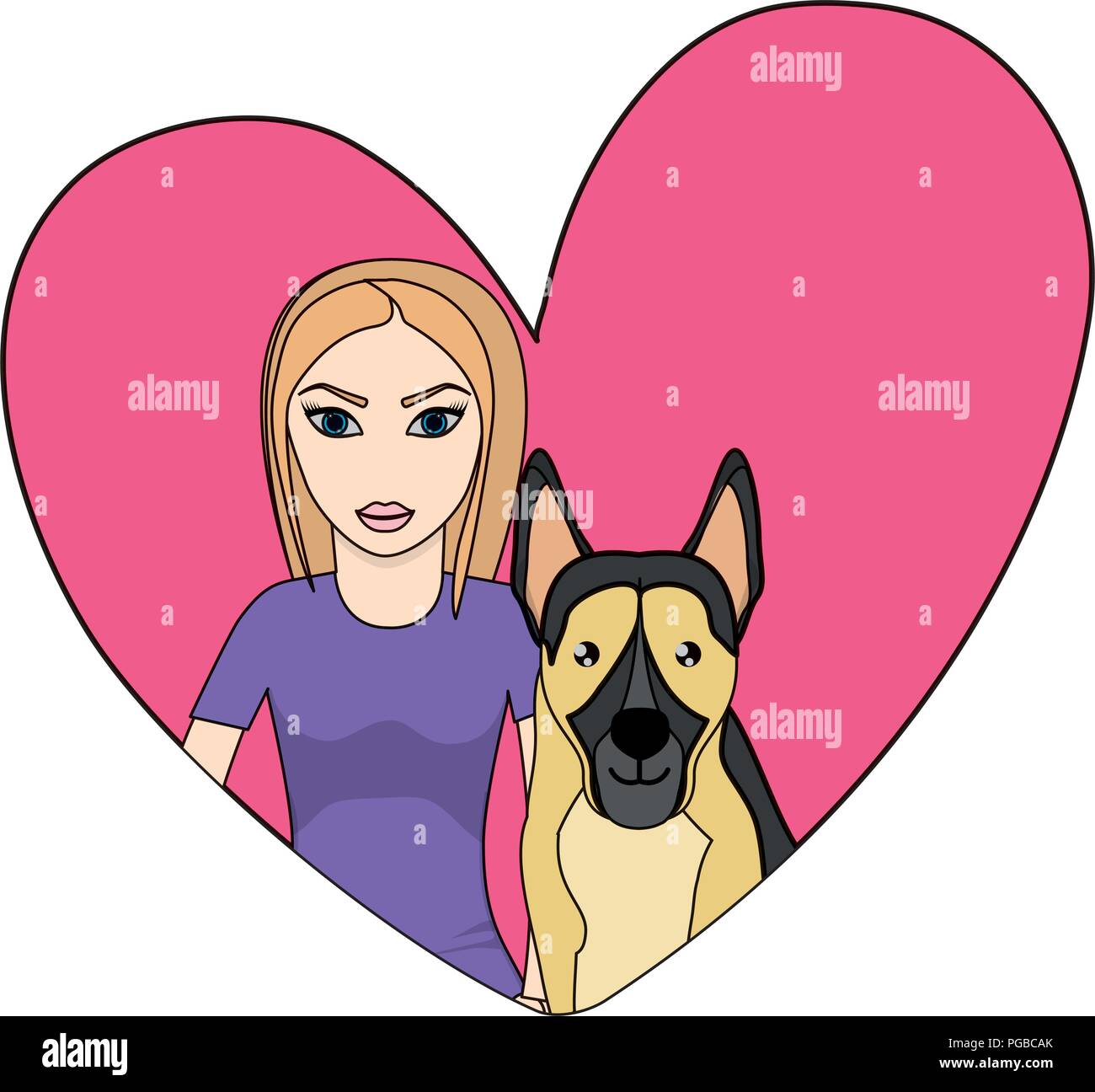 heart with cute german shepherd dog and woman over white background ...