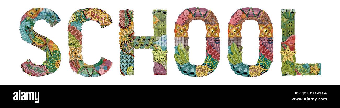 Hand-painted art design. Hand drawn illustration word school for t ...
