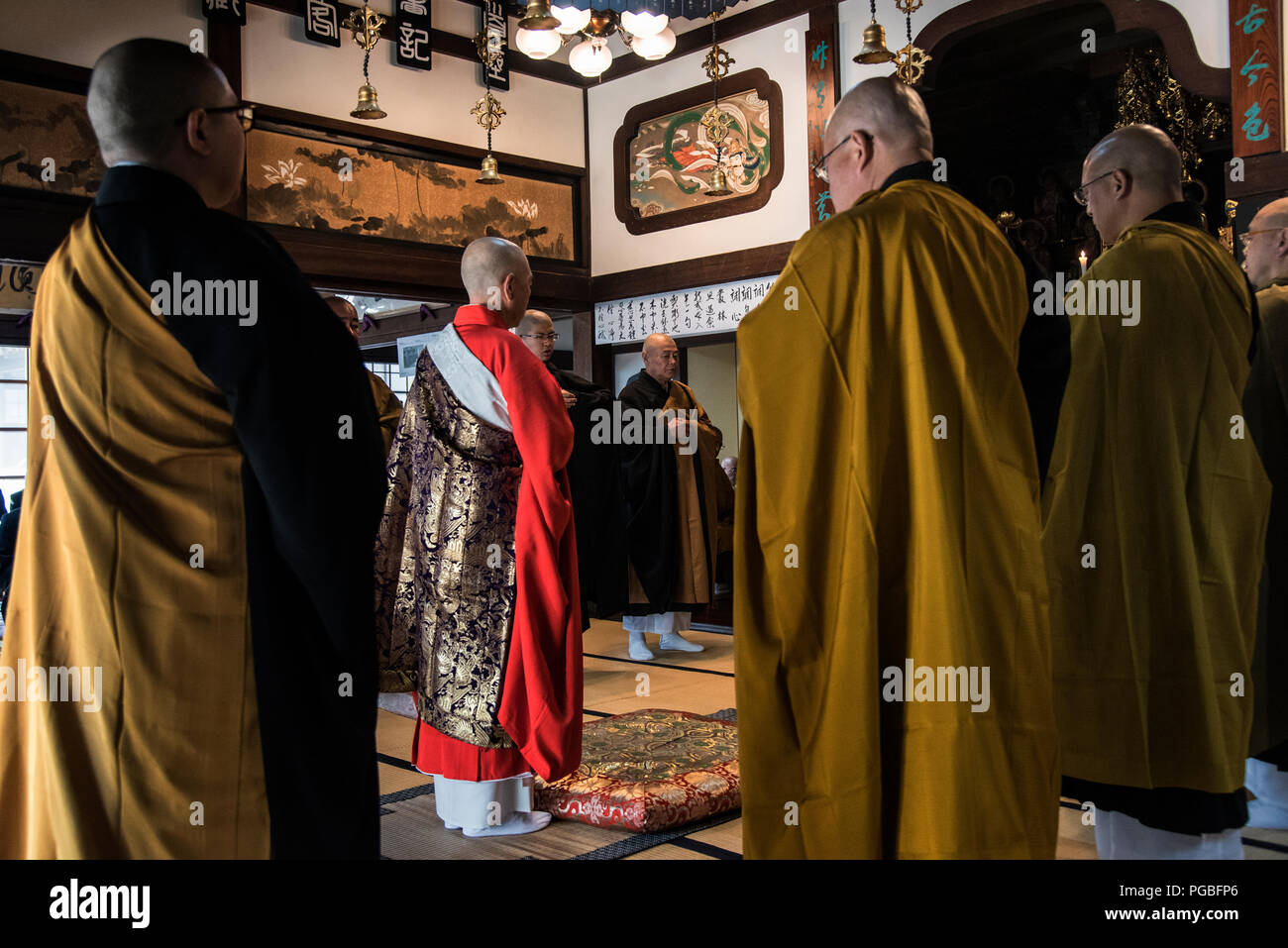 Okayama, Japan: Buddhist monks are praying during ceremony at temple in ...