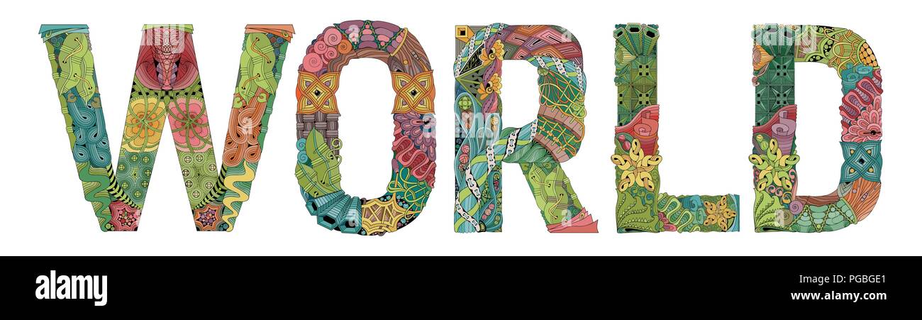 Hand-painted art design. Hand drawn illustration word WORLD for t-shirt ...