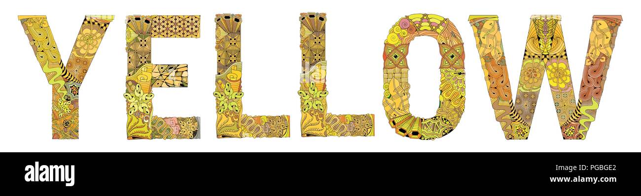 Hand-painted art design. Hand drawn illustration word YELLOW for t ...