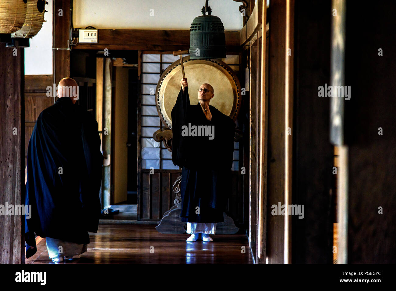 Okayama, Japan: Buddhist monk is ringing dharma gong for ceremony at ...