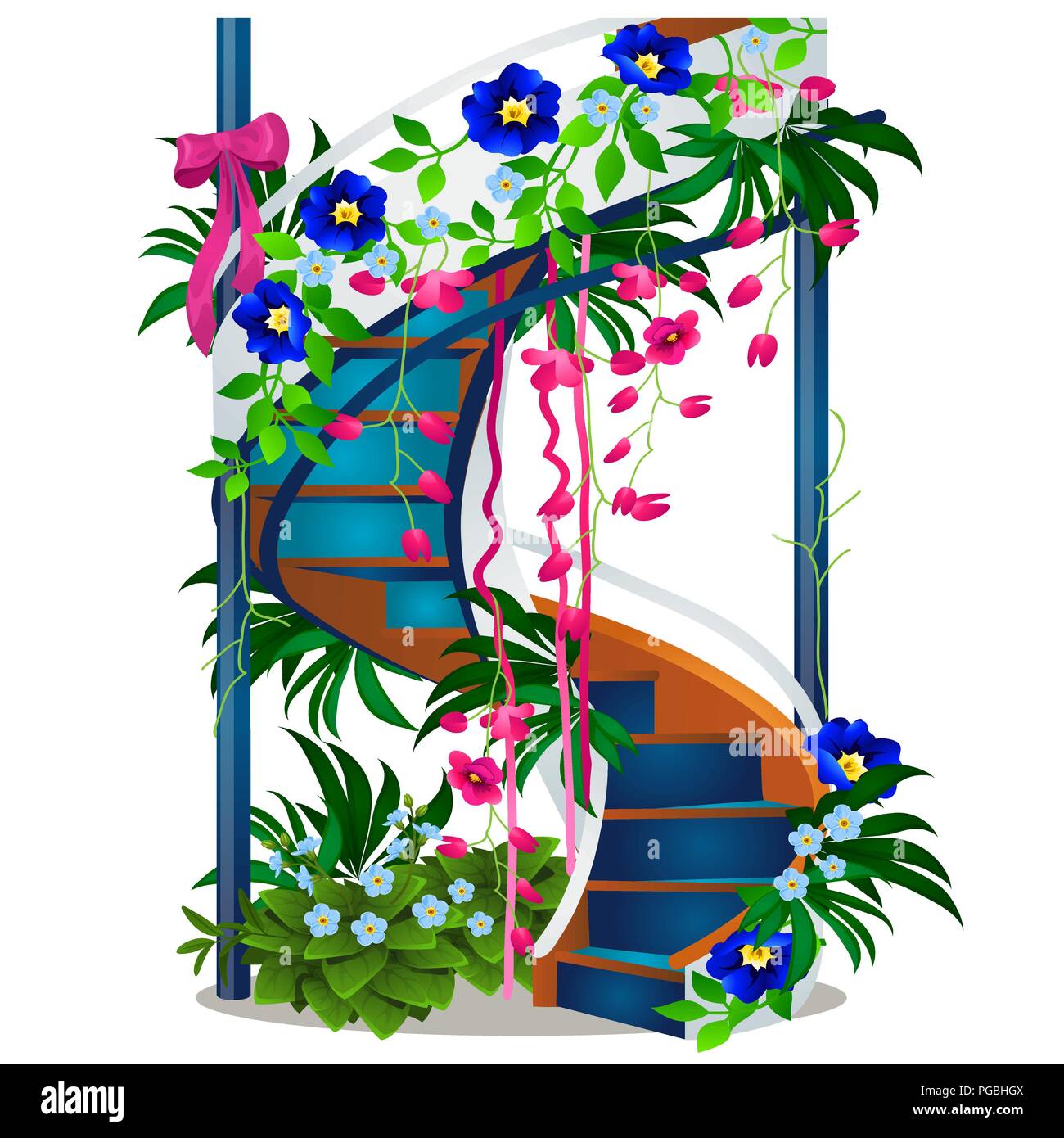 A beautiful spiral staircase with flowers isolated on white background ...