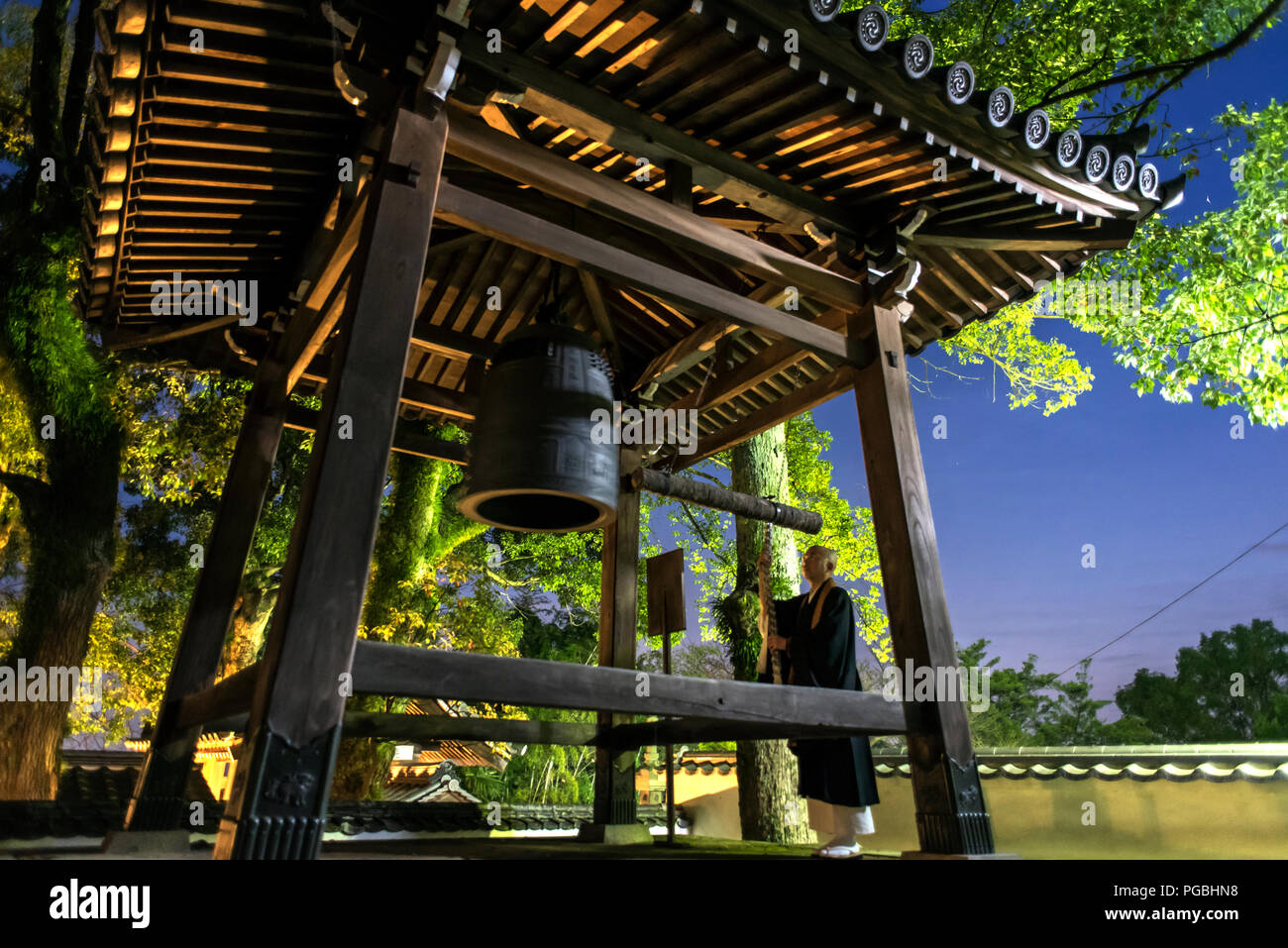 Okayama, Japan: Japanese buddhist monk is ringing morning dharma gong ...