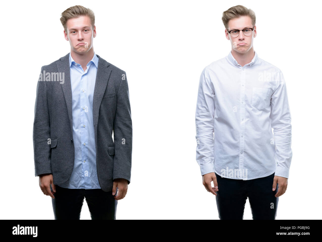 Young handsome blond business man wearing different outfits depressed ...