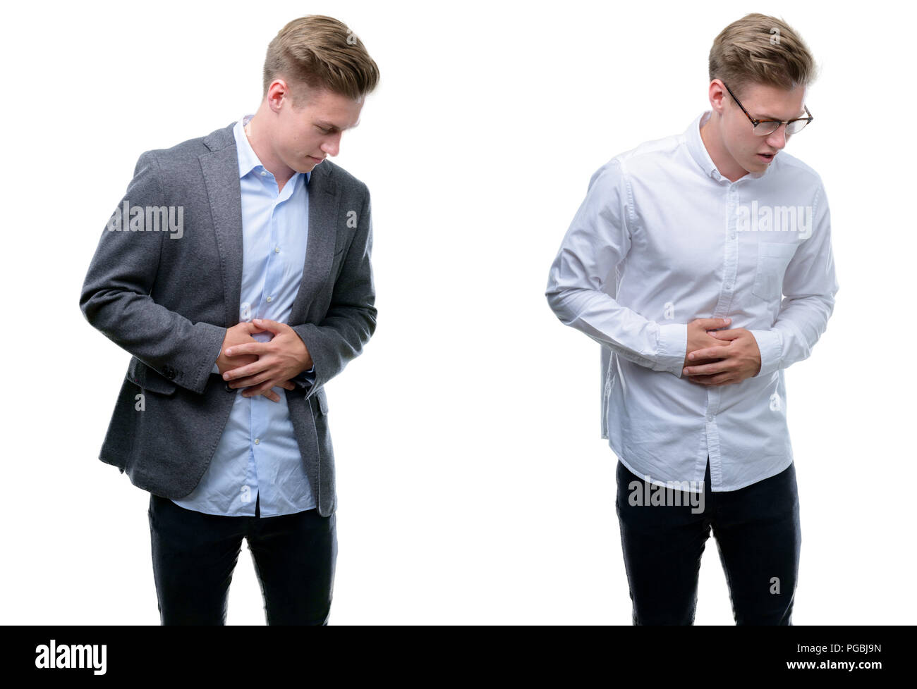 Young handsome blond business man wearing different outfits with hand ...
