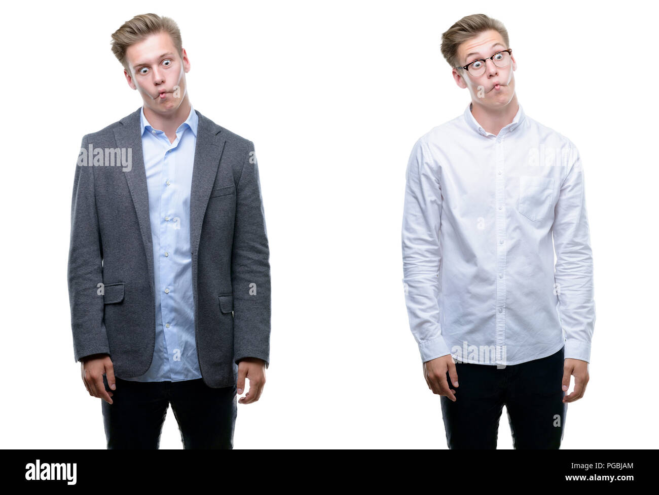 Young handsome blond business man wearing different outfits making fish ...