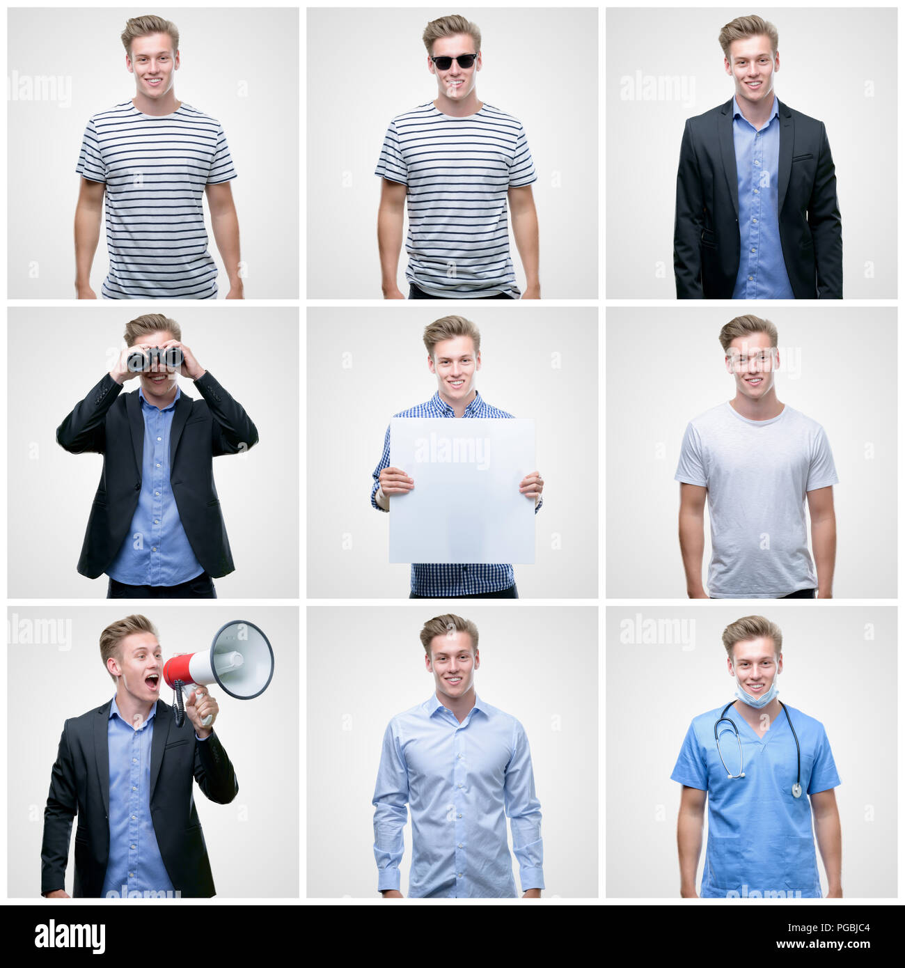 Collage of handsome young man wearing differents outfits with a happy ...