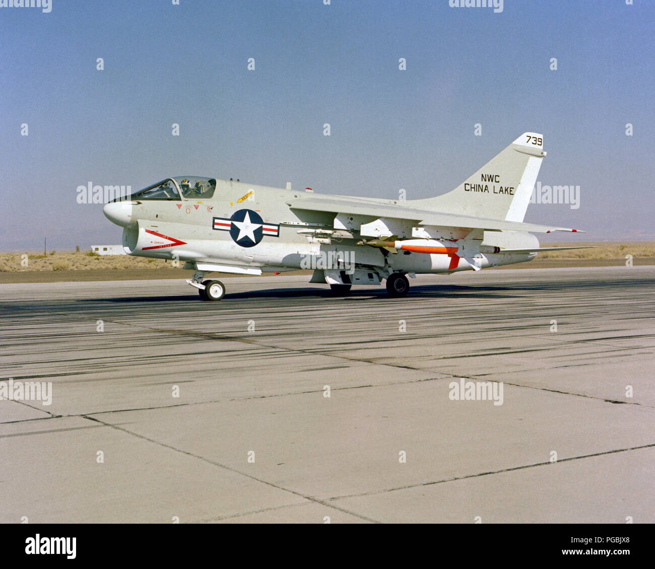 A left front ground view of an A-7C Corsair II aircraft with a Skipper ...