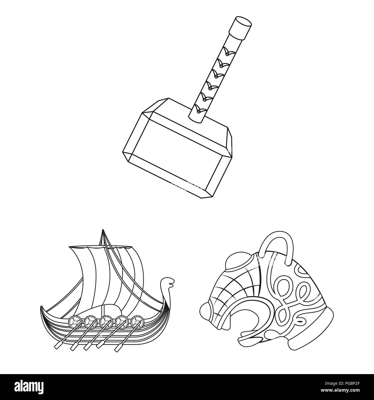 Vikings and attributes outline icons in set collection for design.Old ...
