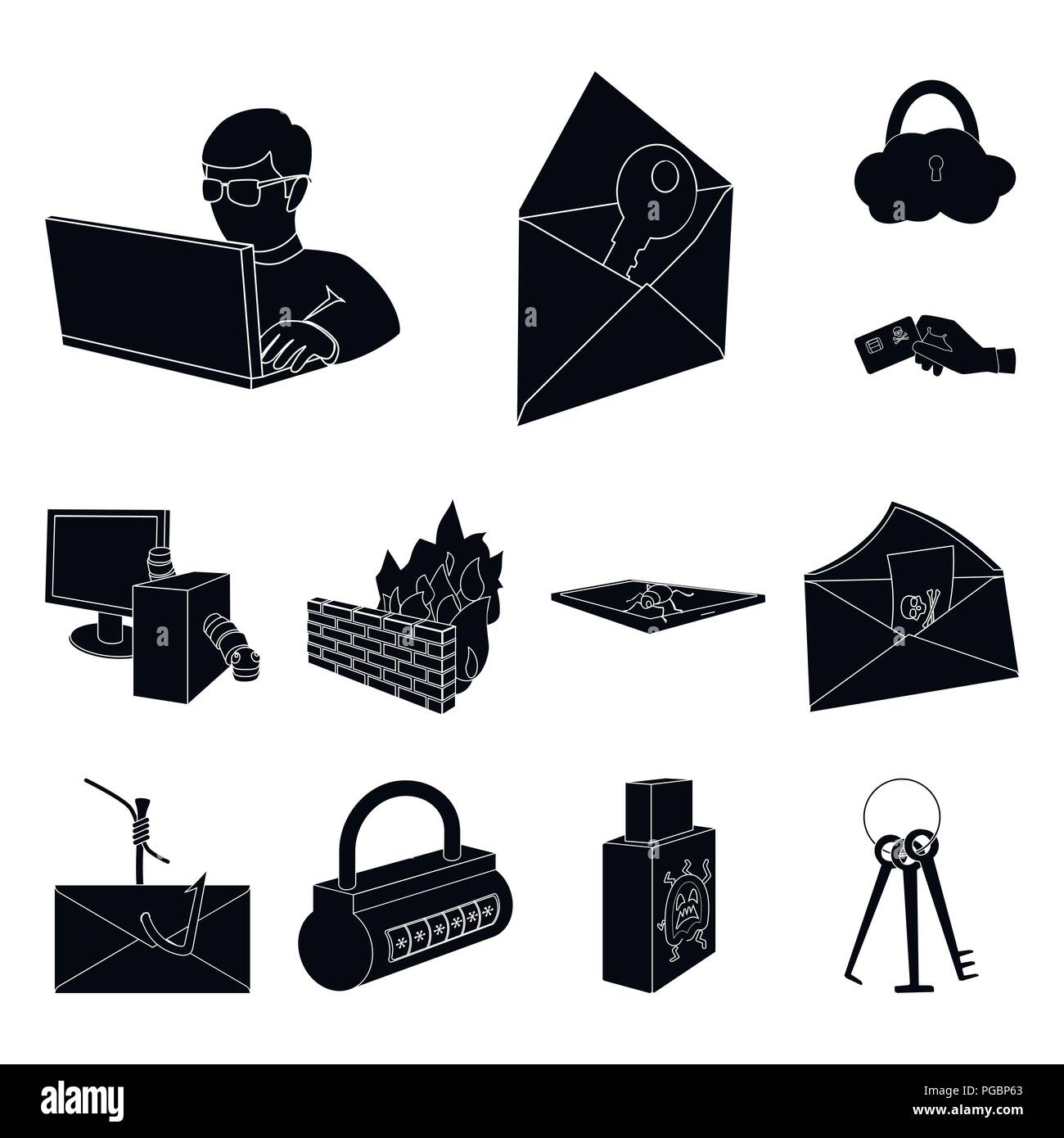 Hacker and hacking black icons in set collection for design. Hacker and ...