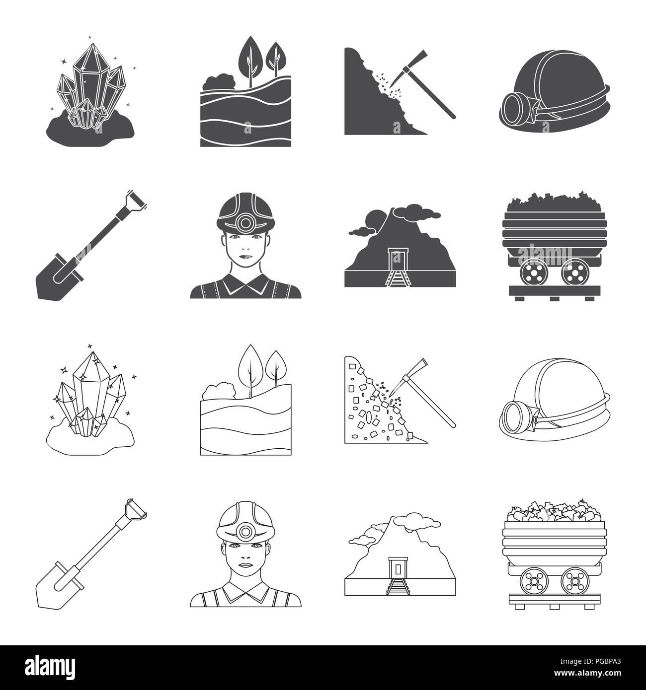 A shovel, a miner, an entrance to a mine, a trolley with coal.Mine set ...