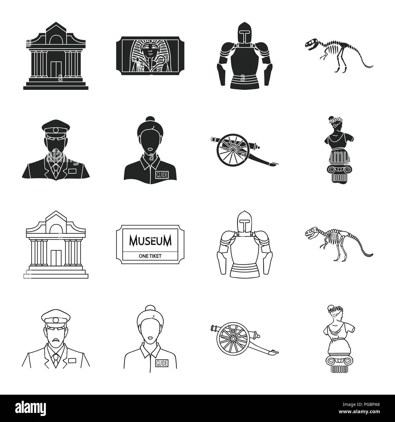 Guard, guide, statue, gun. Museum set collection icons in black,outline ...