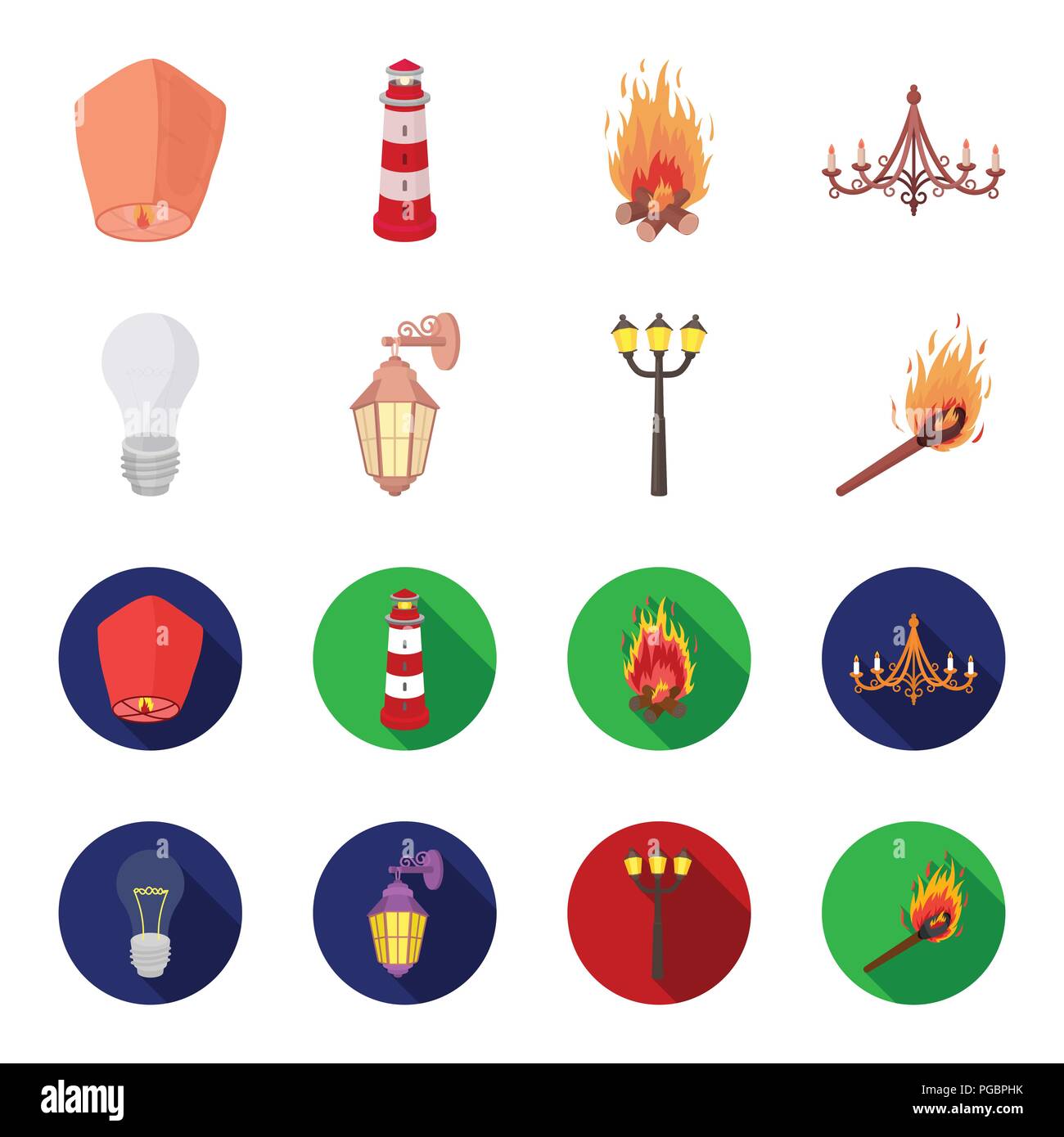 LED light, street lamp, match.Light source set collection icons in ...