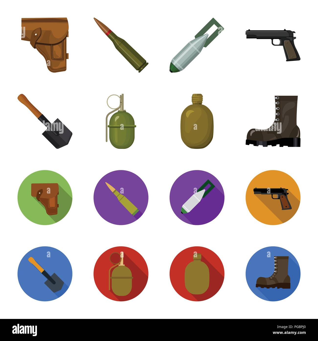 Sapper blade, hand grenade, army flask, soldier boot. Military and army ...