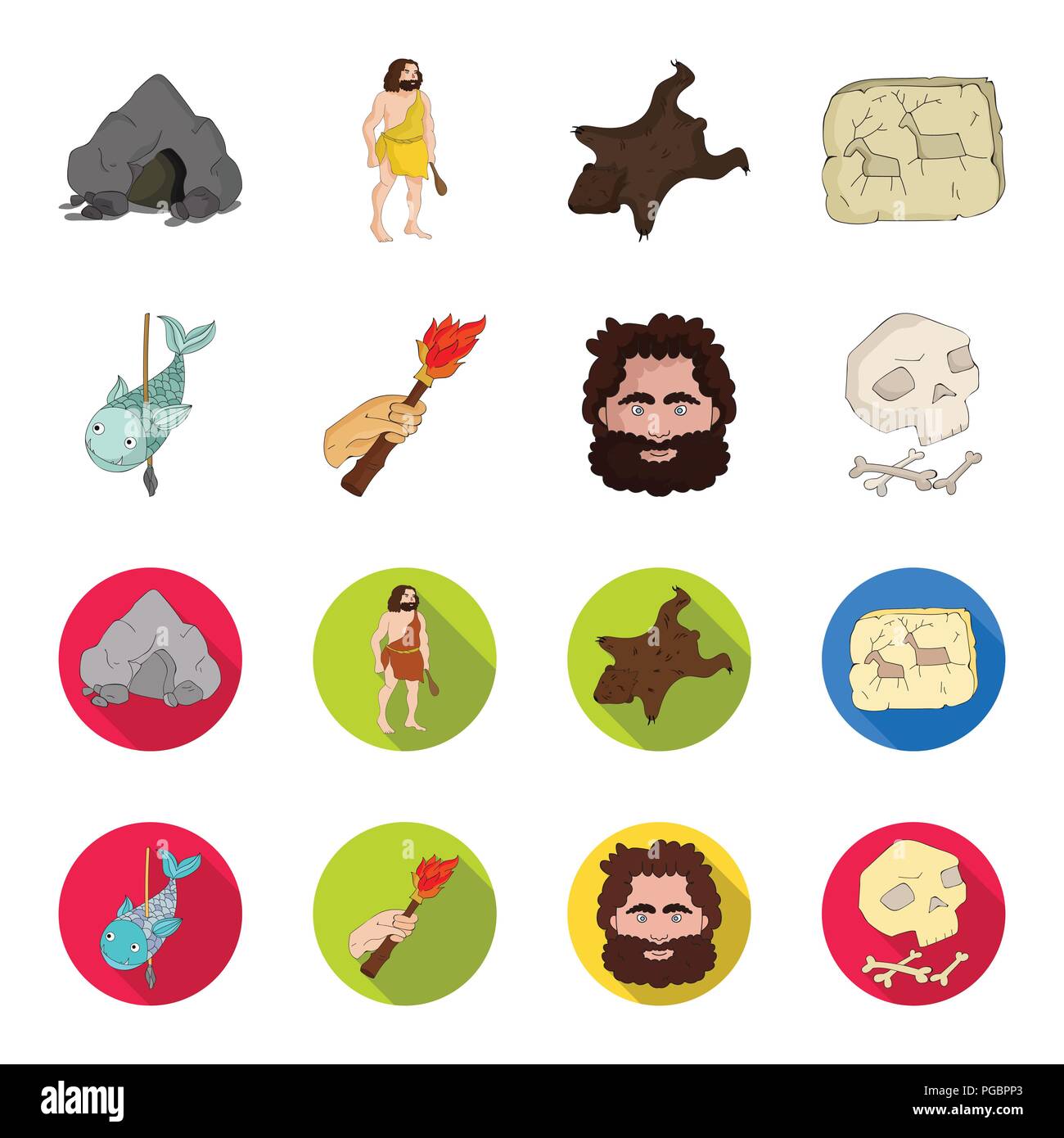 Primitive, fish, spear, torch .Stone age set collection icons in ...