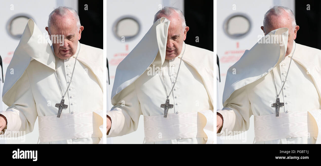 Combination photos of Pope Francis' cape being caught be the wind as he ...