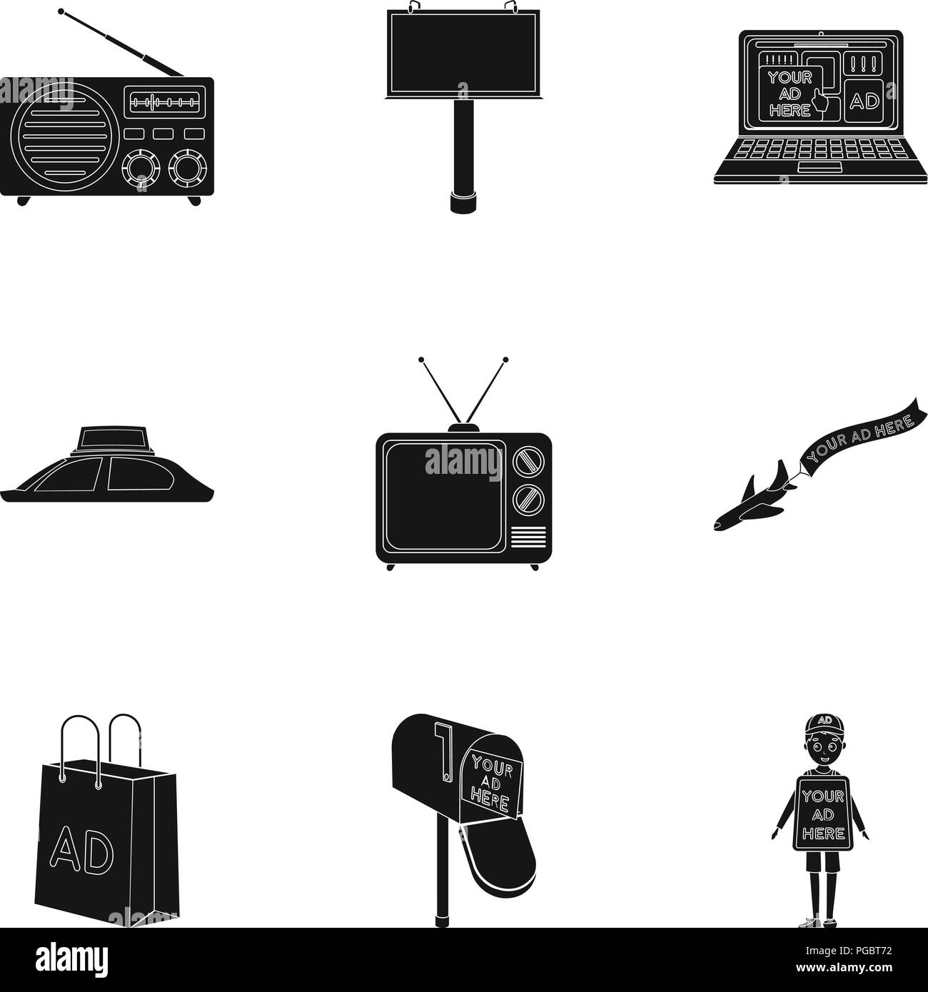 Advertising set icons in black design. Big collection of advertising ...
