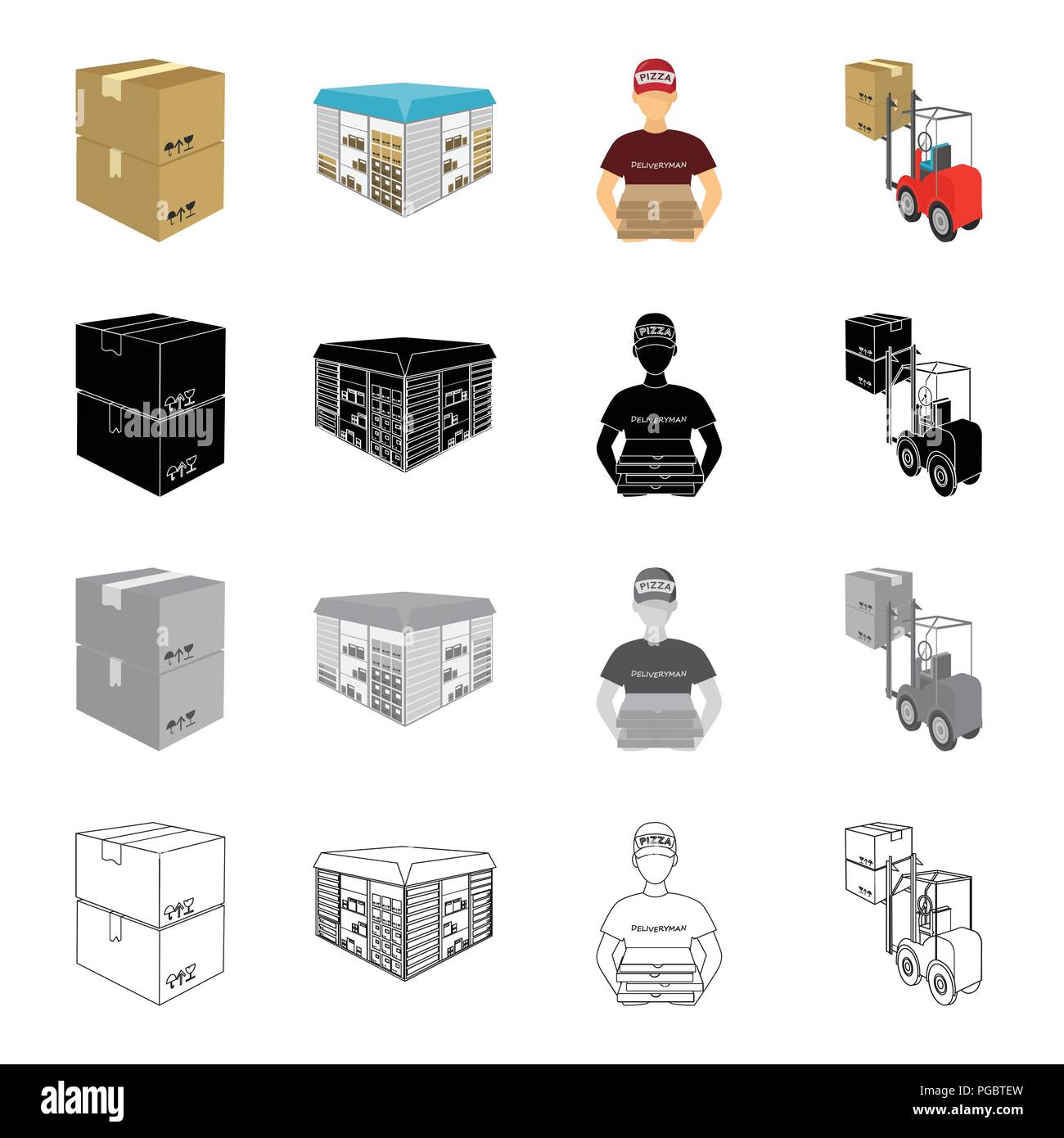 A box of goods, a logistics warehouse, a courier for pizza delivery, a ...