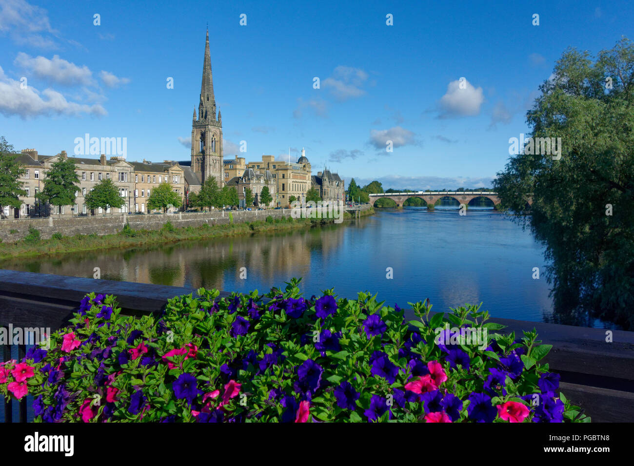 A view of the centre of Perth, Scotland showing Tay Street and St ...