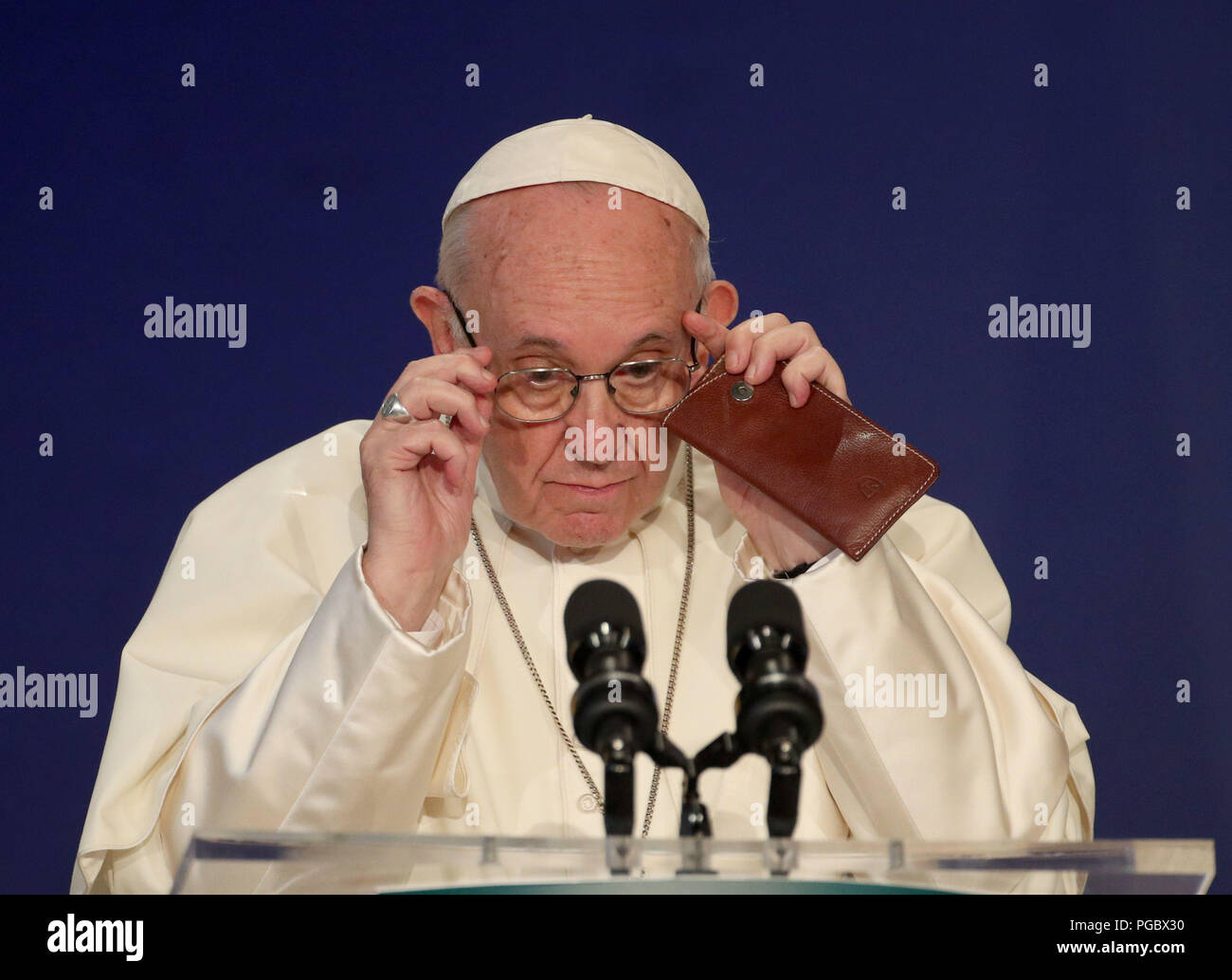 Pope Francis delivers a speech in St Patrick's Hall at Dublin Castle ...
