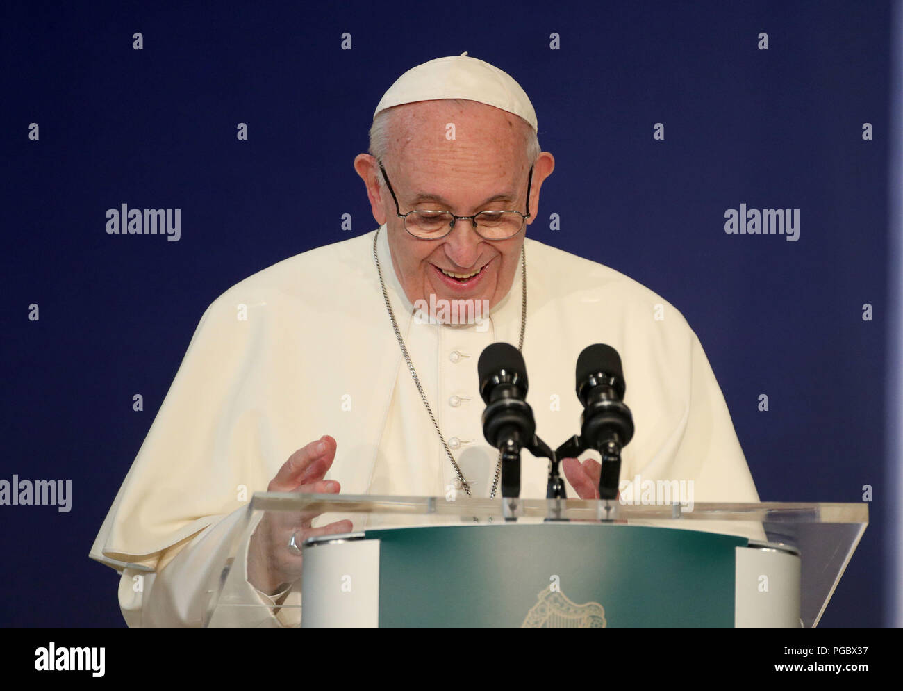Pope Francis delivers a speech in St Patrick's Hall at Dublin Castle ...